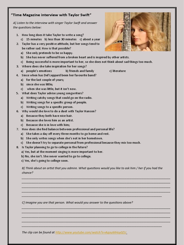 Interview With Taylor Swift Conversation Topics Dialogs Fun Activities Games o - 46185 | PDF ...