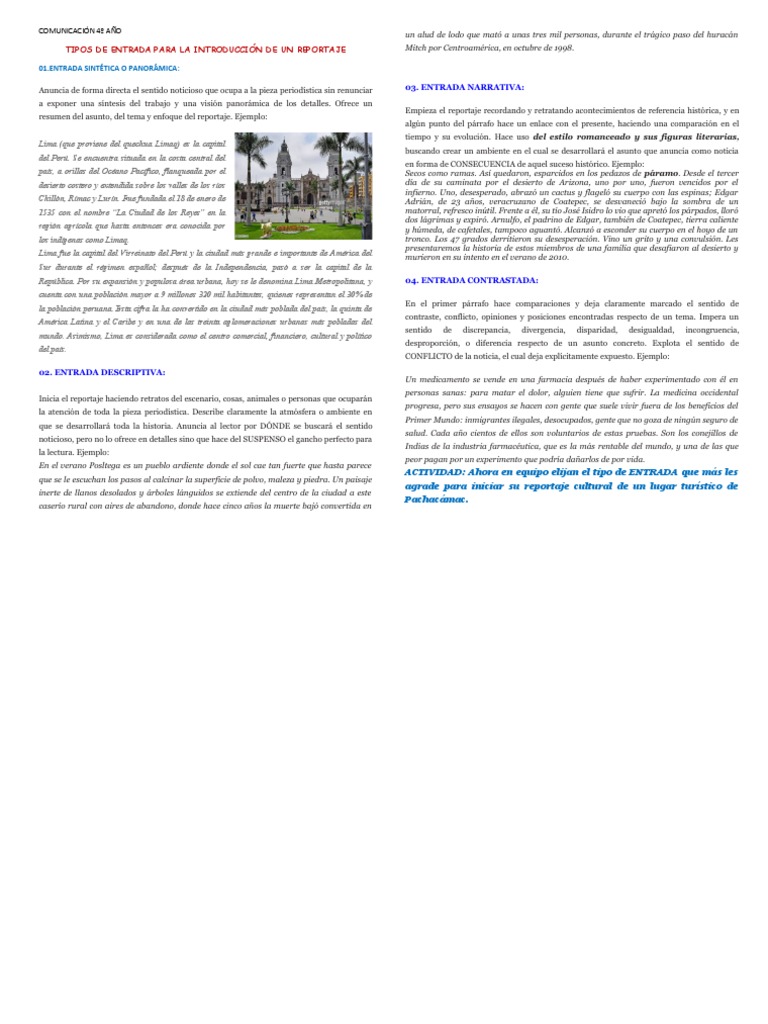 Tipos de Entrada para Un Reportaje Escrito Secundaria | PDF