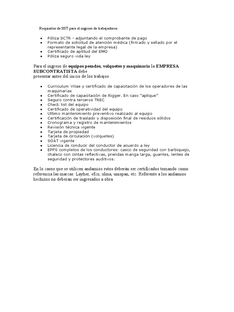 Requisitos de SST para El Ingreso de Trabajadores | PDF