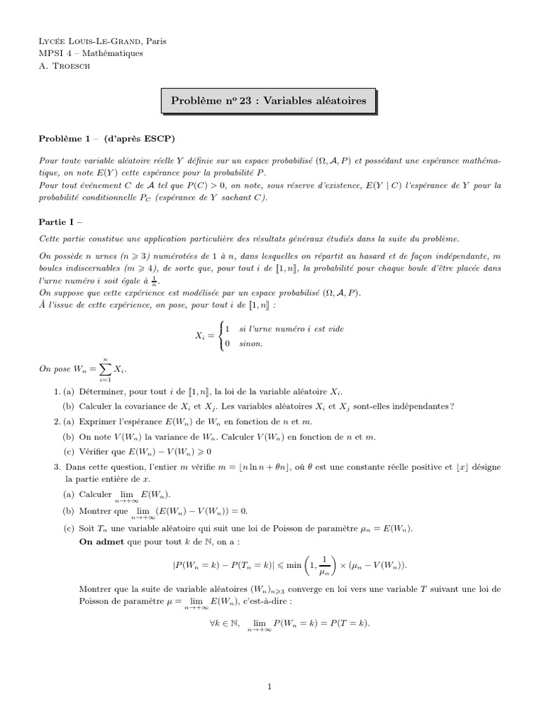 Alain Troesch Sujet 23 | PDF | Espérance mathématique | Probabilité