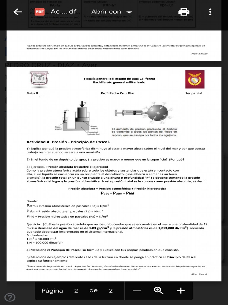 Actividad 4. Presión - Principio de Pascal | PDF | Presión | Pascal (Unidad)