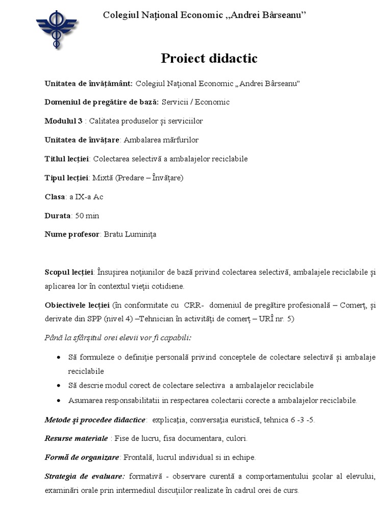 Proiect de Lectie Inspectie Titularizare | PDF