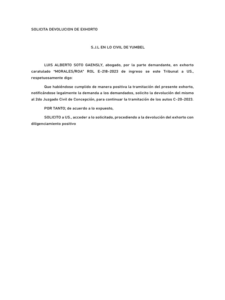 Solicita Devolucion de Exhorto | PDF
