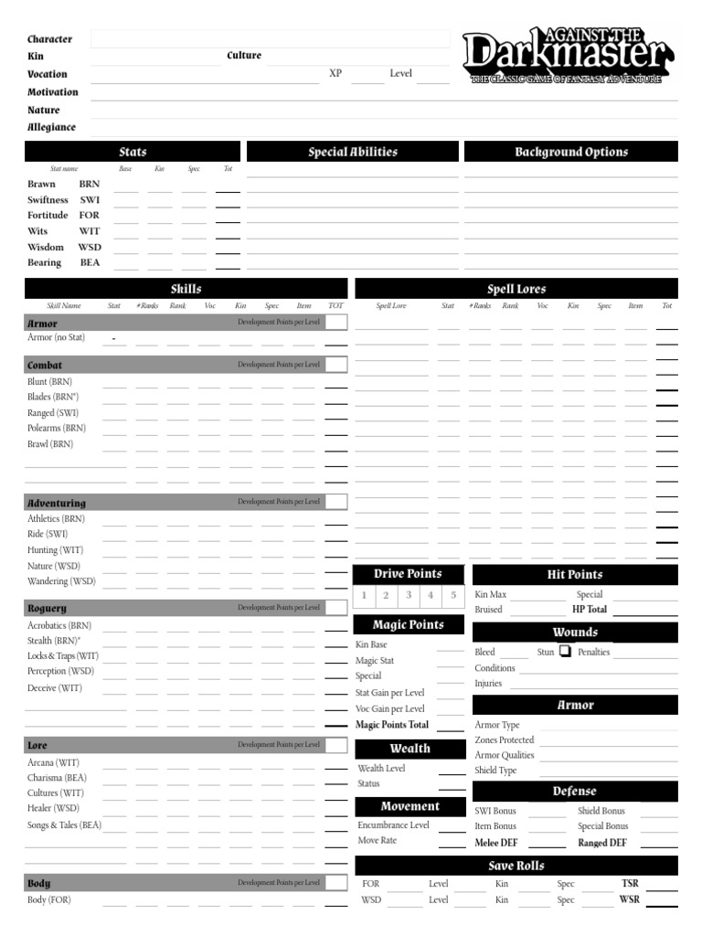 Against The Darkmaster Character Sheet v2 | PDF | Gaming | Role Playing ...