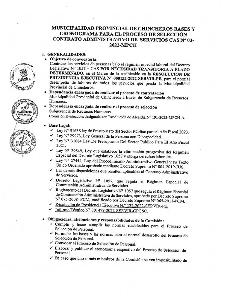 Bases y Anexos Oficiales de La Convocatoria Cas #03-2023 MPCH | PDF
