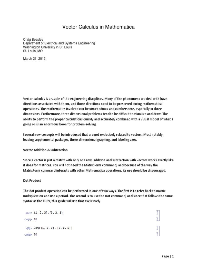 Mathematica Vector Calculus Pdf Cartesian Coordinate System Euclidean Vector
