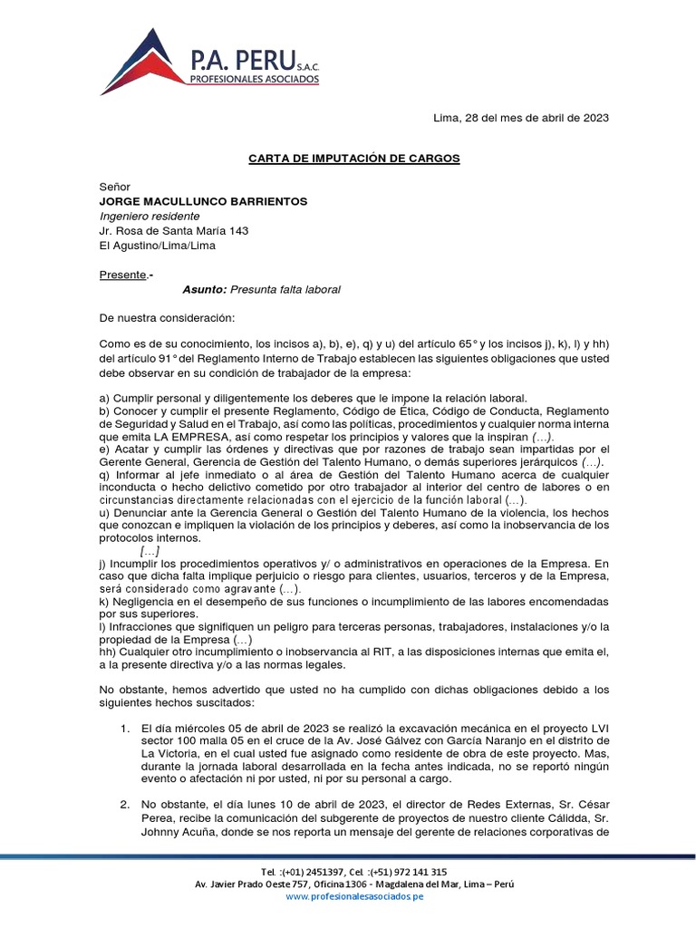 Carta de Imputación de Cargos - Externas - Jorge Macullunco | PDF | Gestión de recursos humanos ...