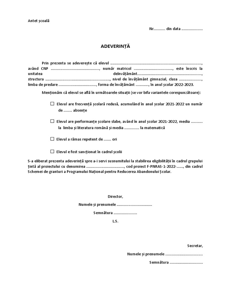 Adeverinta Elev Esantion | PDF