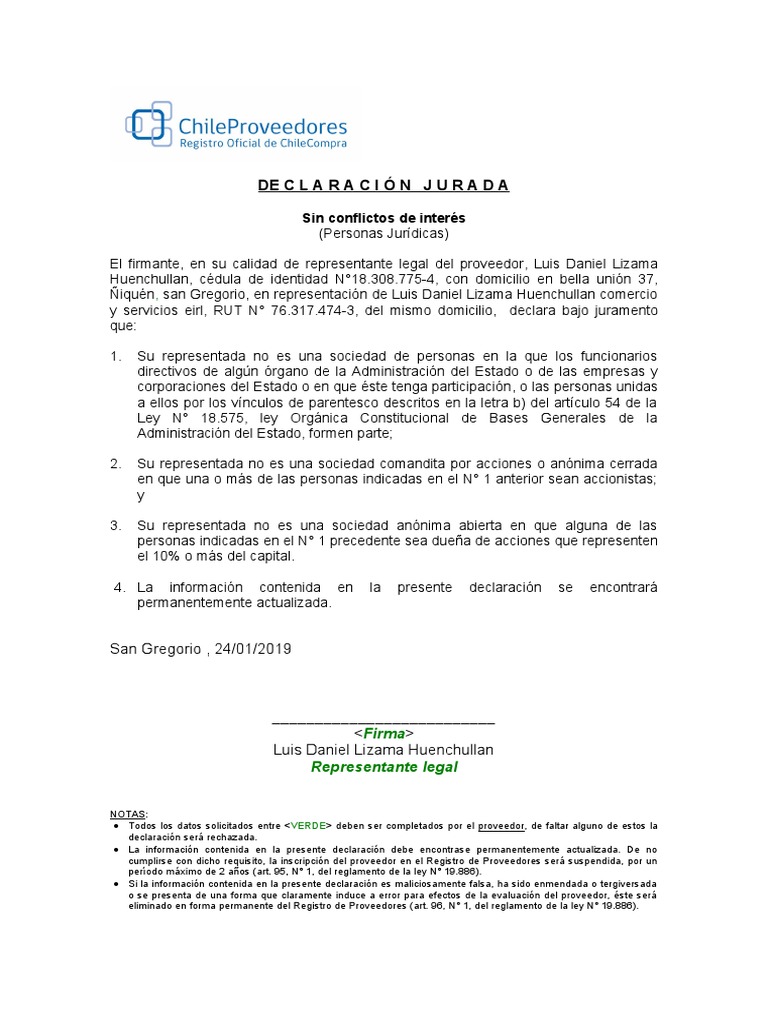 Declaracion Jurada Art 4 Chile Proveedores | PDF | Gobierno | Justicia