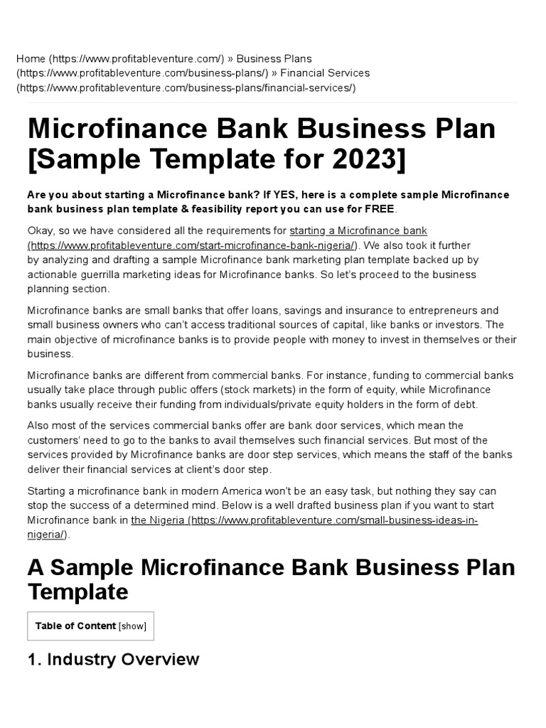 Microfinance Bank Business Plan (Sample Template | PDF | Business