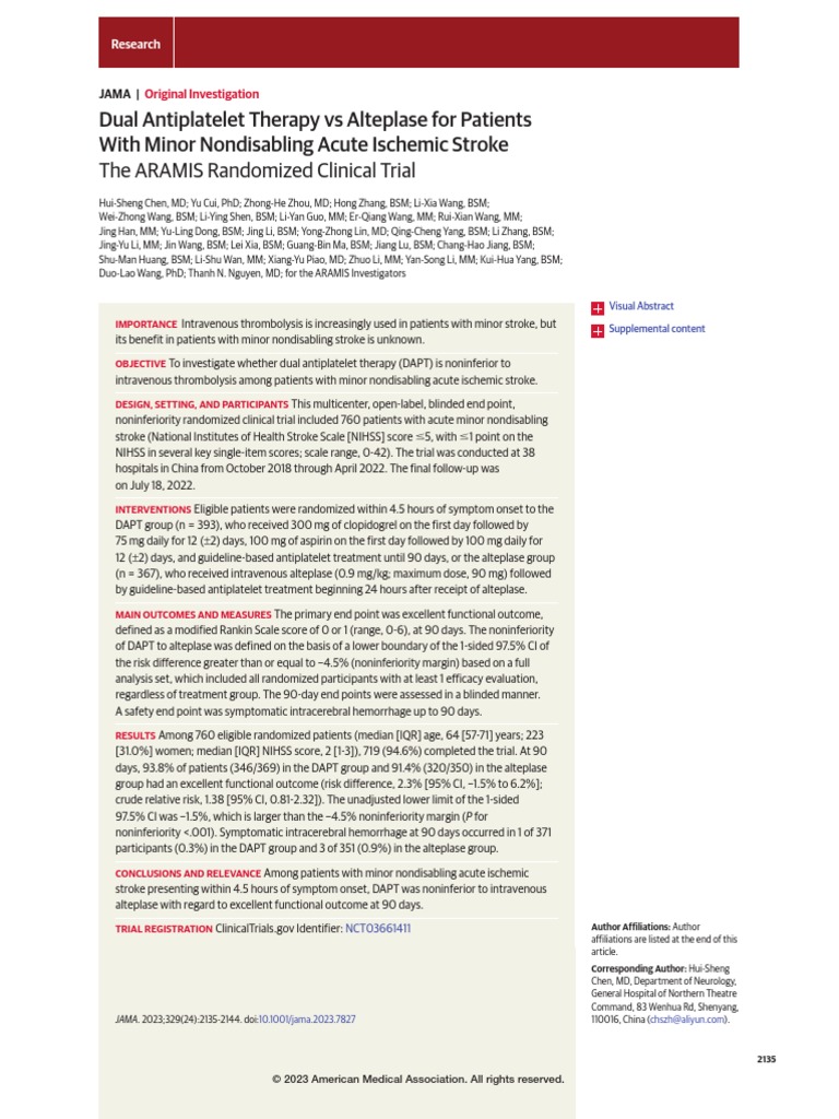 Dual Antiplatelet Therapy Vs Alteplase For Patients With Minor Nondisabling | PDF | Stroke | Aspirin