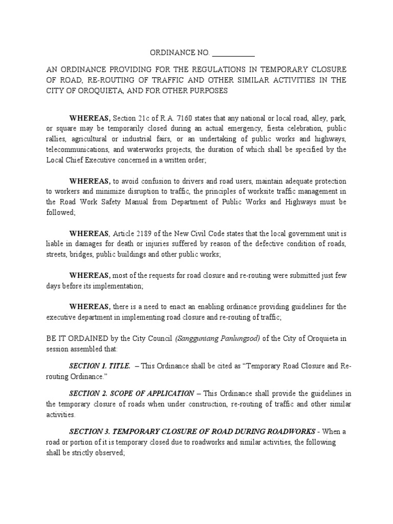 Road Closure Ordinance | PDF | Road | Traffic