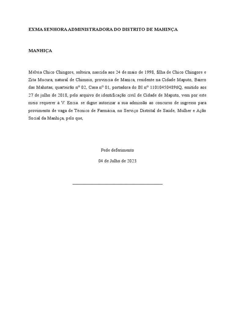 Exma Senhora Administradora Do Distrito de Mahinça | PDF