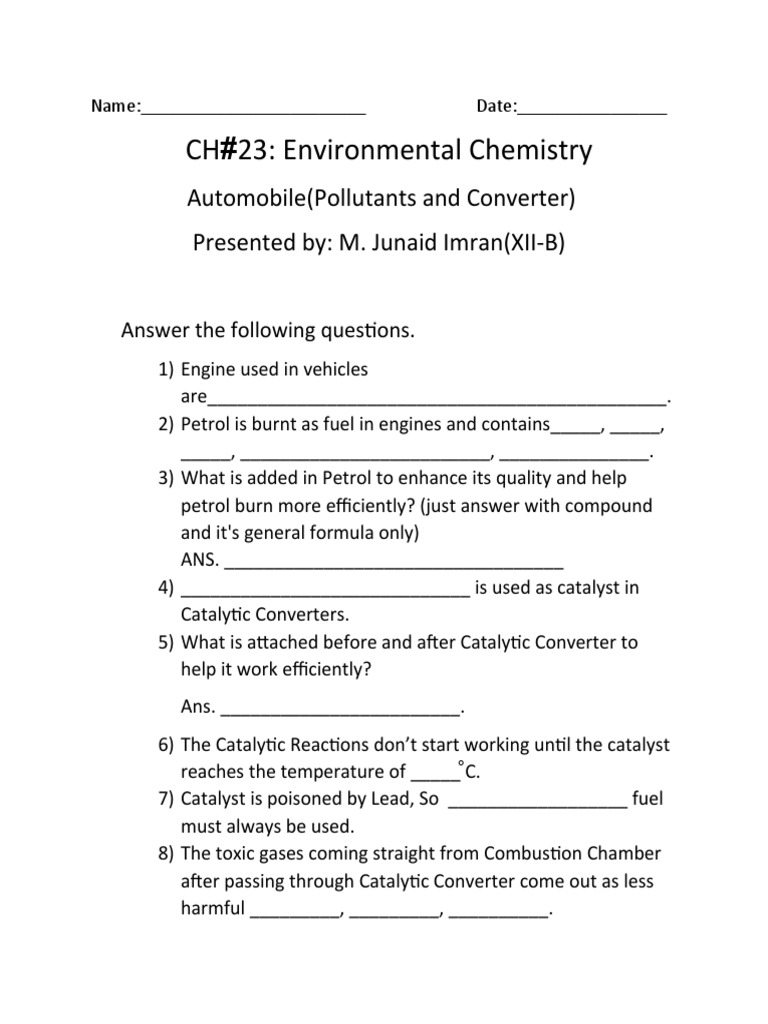 Environmental Chemistry Worksheet | PDF