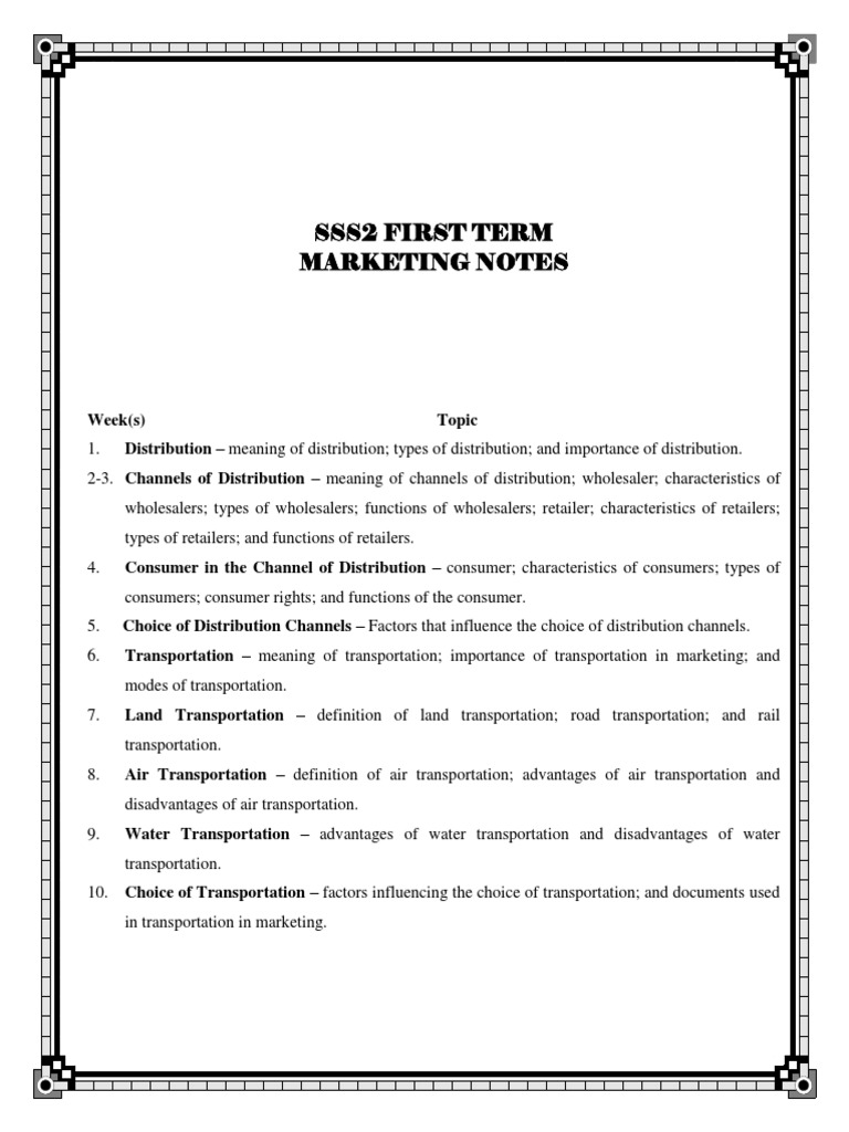 SSS2 First Term Marketing Notes | PDF | Retail | Transport