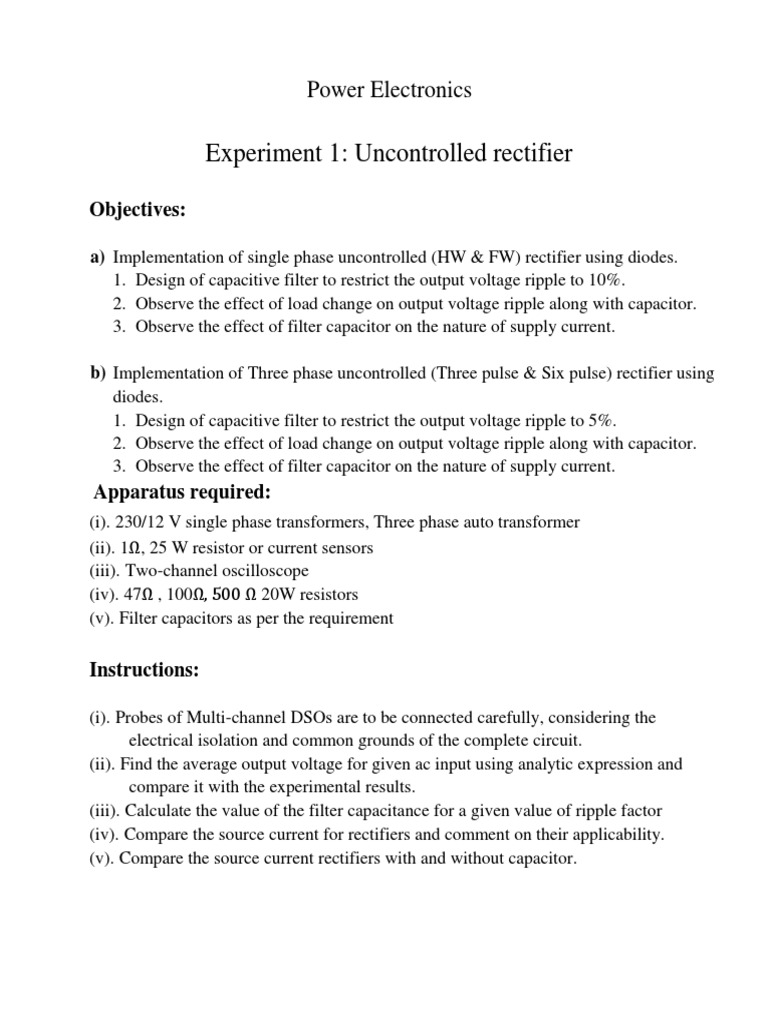 Experiment 1: Uncontrolled Rectifier: Power Electronics | Download Free PDF | Rectifier | Capacitor
