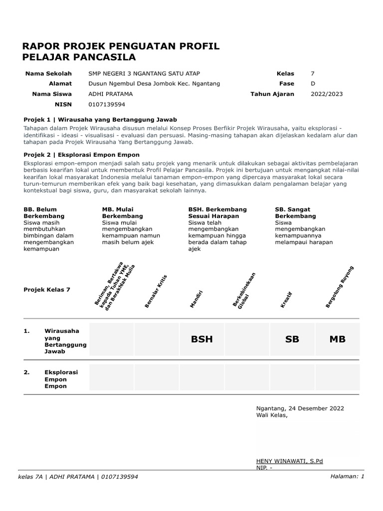 Contoh Rapor p5 | PDF