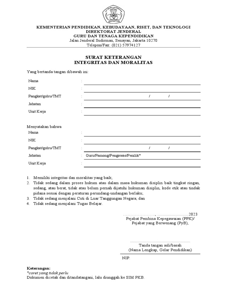 Surat Keterangan Integritas Dan Moralitas (1) | PDF