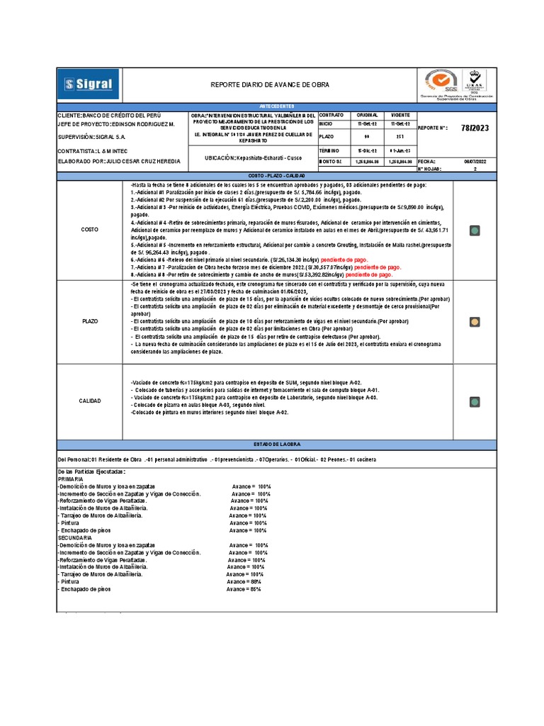 Reporte Diario de Obra | PDF