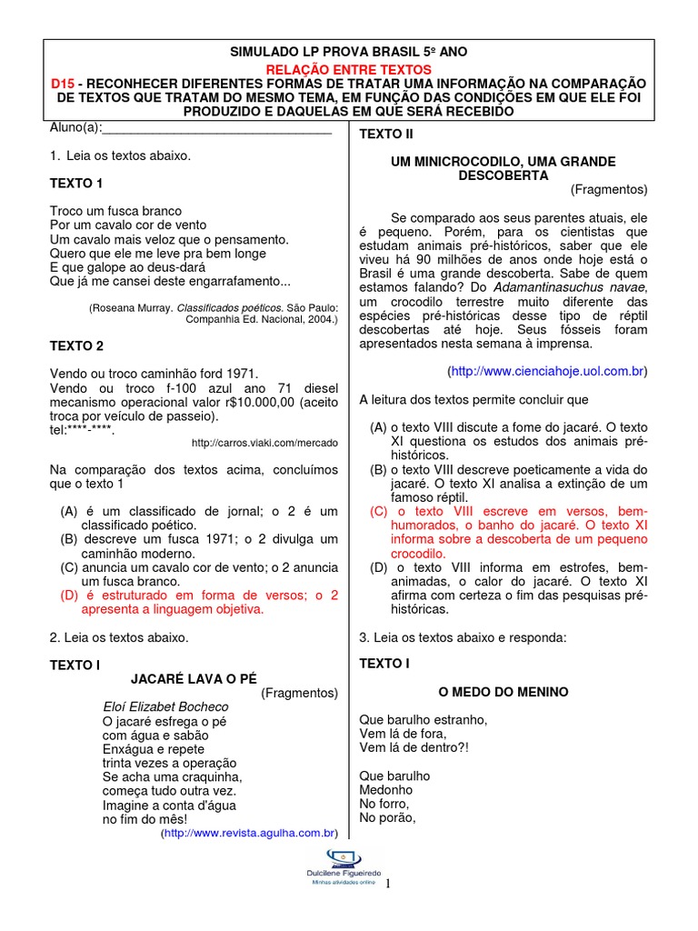 Exerc 2 Prova Brasil Descr 15 5o Ano L.P | PDF | Gatos | Cães