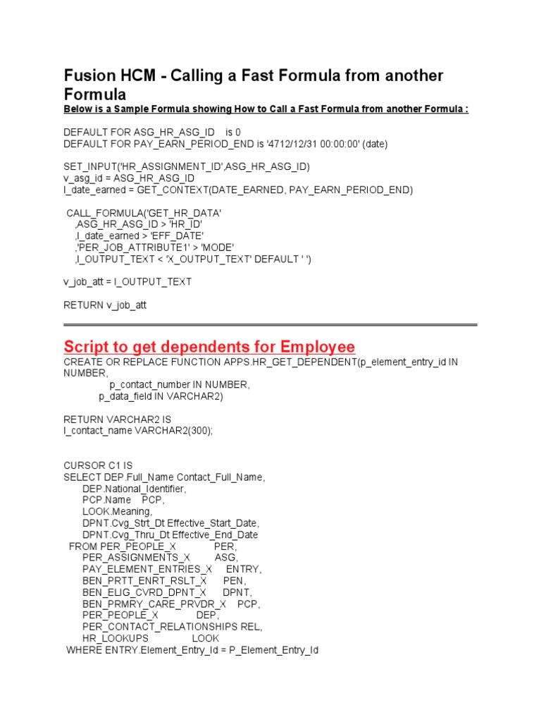 Calling A Fast Formula From Another Formula and Dependent Query | PDF