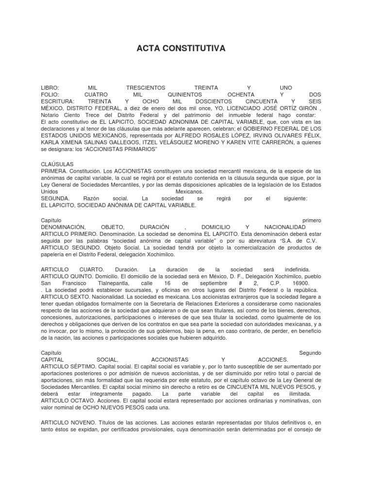 Acta Constitutiva | PDF | Liquidación | Compartir (Finanzas)