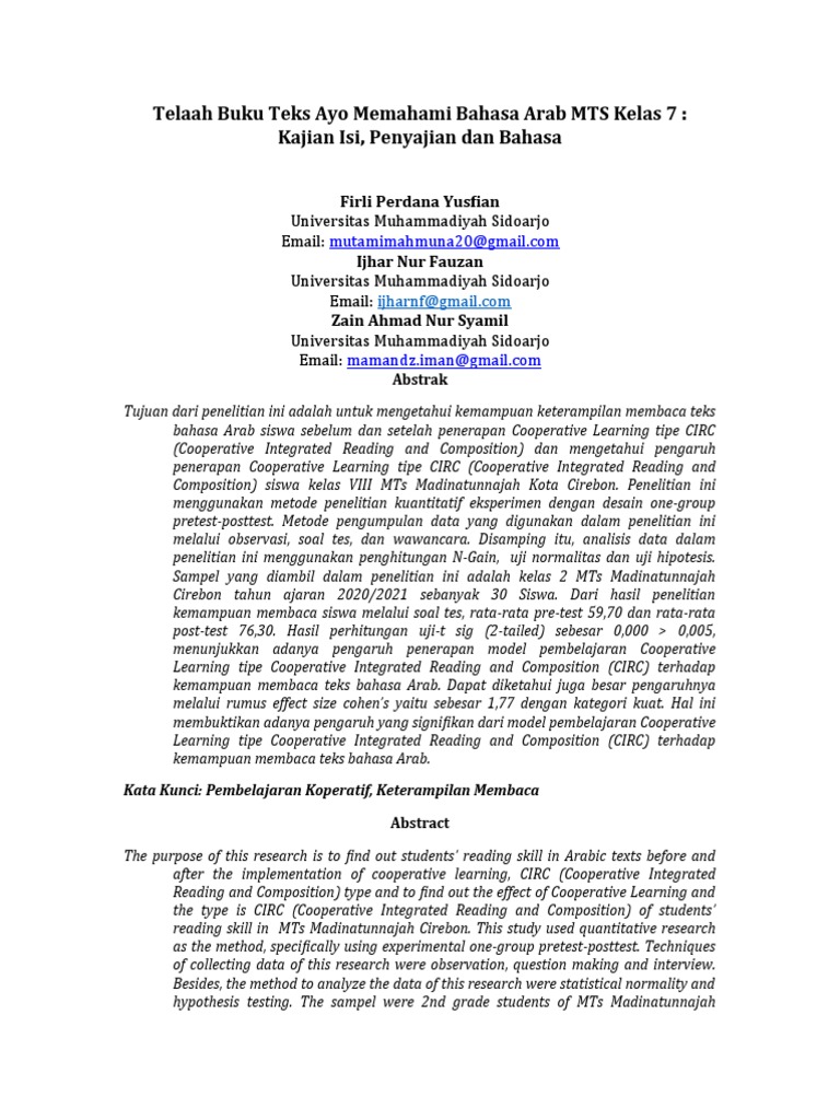 Telaah Buku Teks Ayo Memahami Bahasa Arab MTS Kelas 7 | PDF