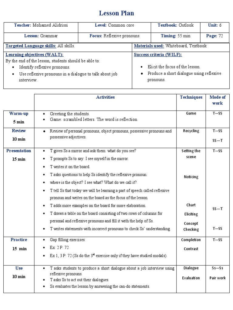 Reflexive Pronouns Lesson Plan Pdf Pronoun Lesson Plan