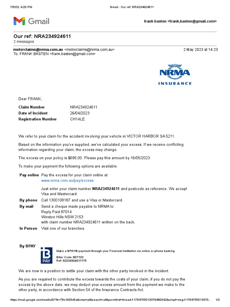 NRMA Claim Details and Payment Instructions | PDF | Service Industries ...