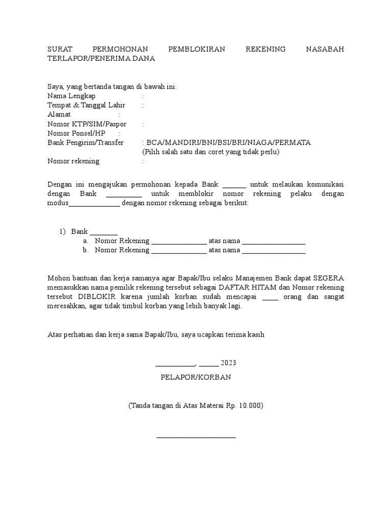 Surat Permohonan Blokir Rekening Nasabah | PDF