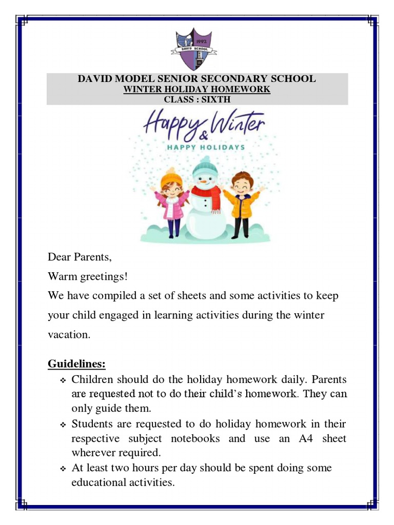 Winter Holiday Homework Guidelines | PDF