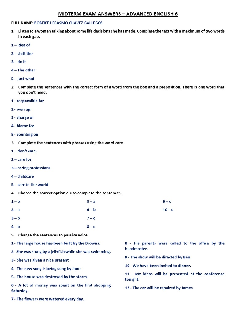 Midterm Exam Answers Advanced 6 | PDF
