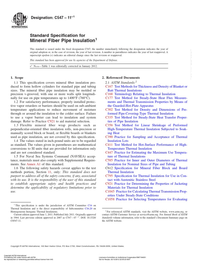 ASTM C547 - 11e1 (Jan. 2012) | PDF | Thermal Insulation | Pipe (Fluid Conveyance)