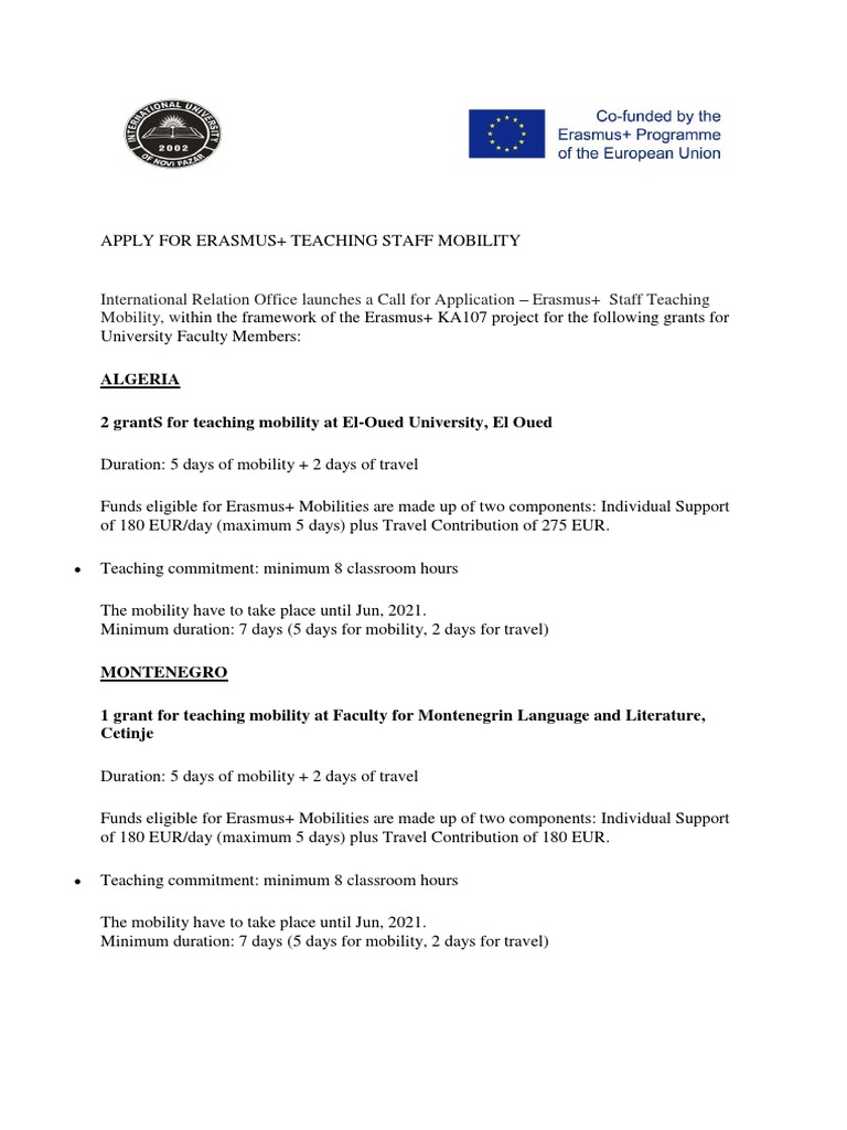 Call For Erasmus Teaching Mobility | PDF