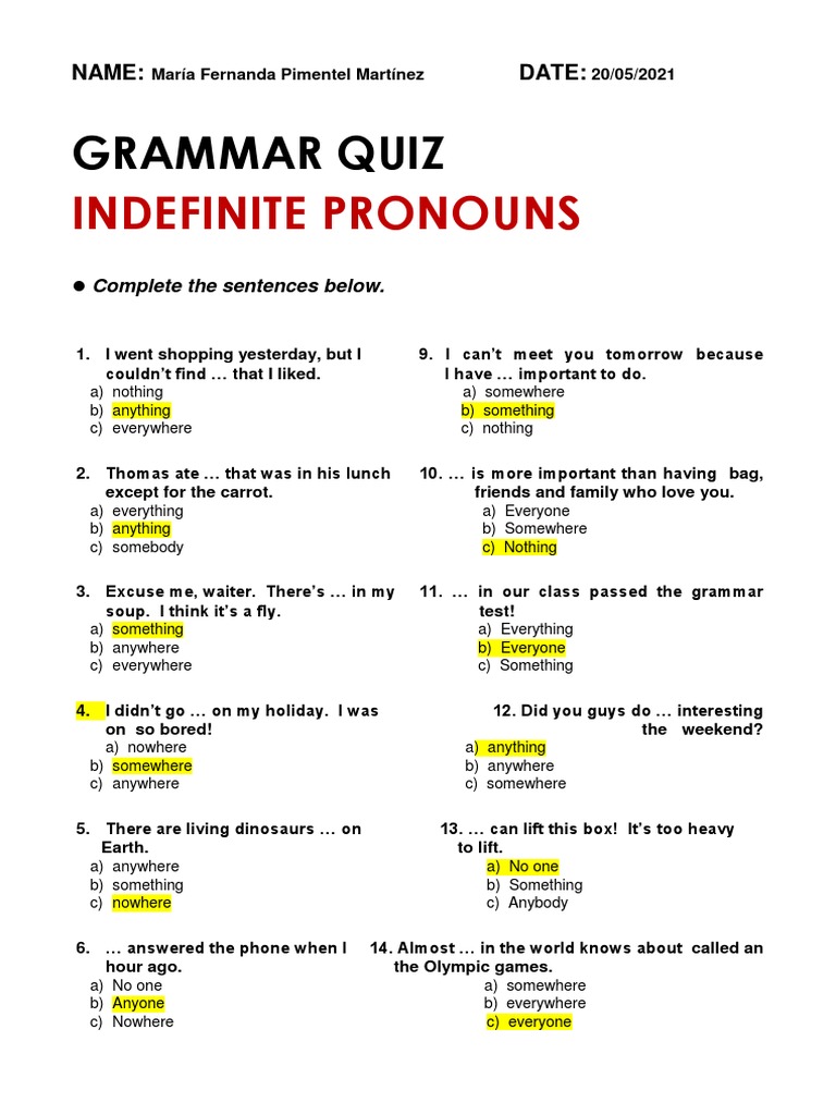 Indefinite Pronouns Worksheet 2 | PDF