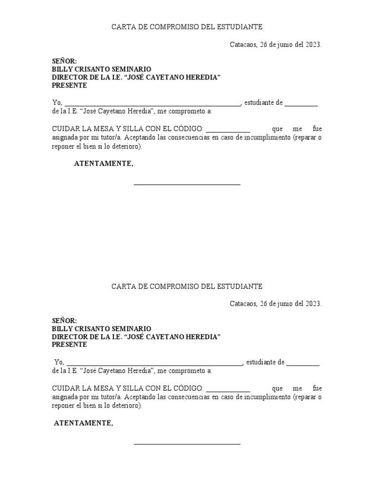 Formato de Carta Compromiso Escolar | PDF
