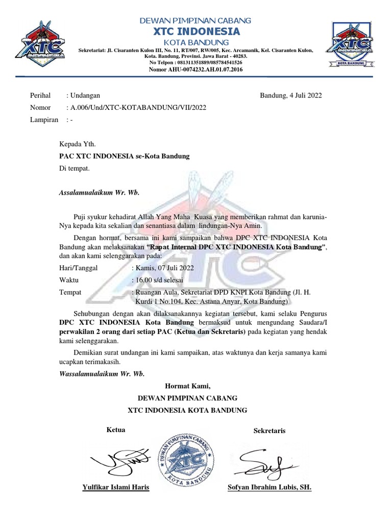Undangan Rapat Internal XTC Bandung | PDF