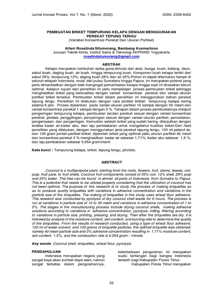 Pembuatan Briket Tempurung Kelapa Dengan Menggunakan Perekat Tepung Terigu Variabel Konsentrasi ...