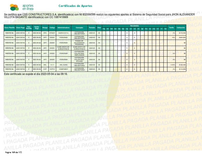 Certificado de Aportes AFP Porvenir | PDF