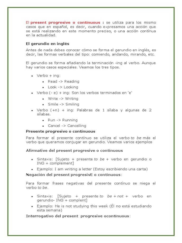 Hojas De Trabajo De Verbos Progresivos