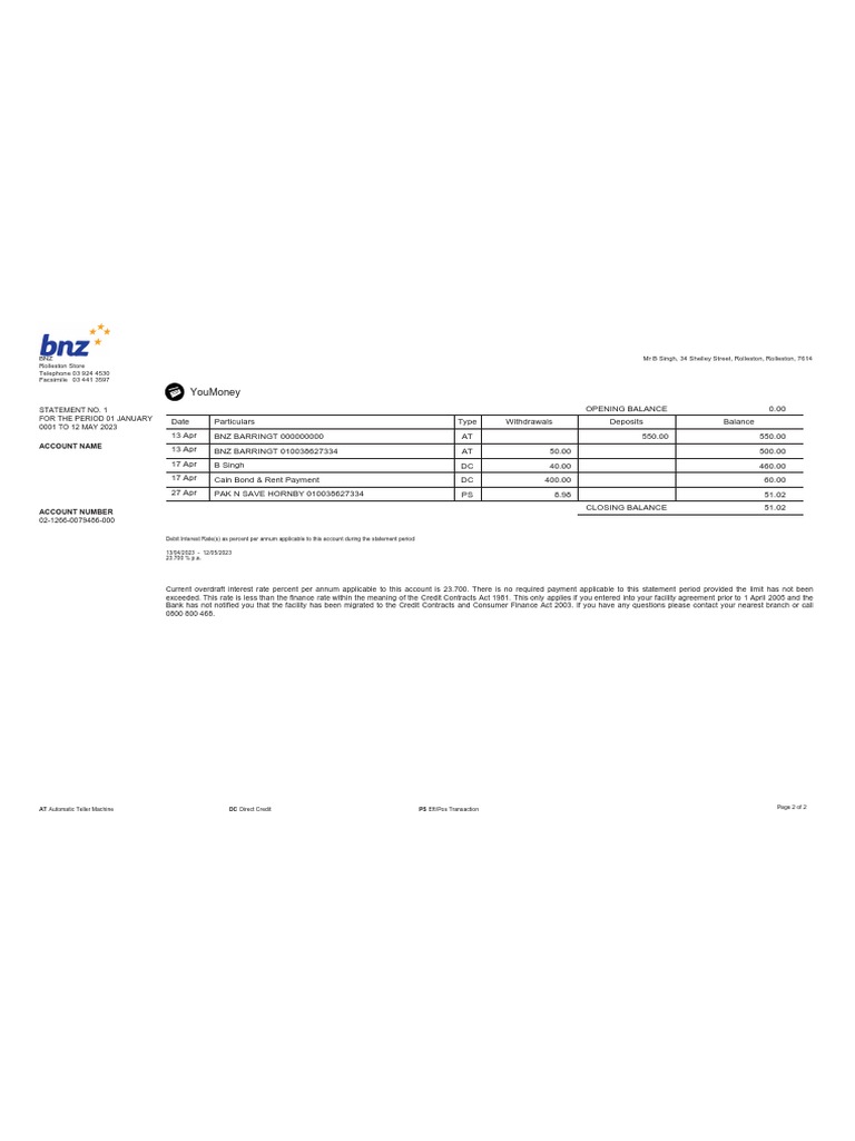 BNZ Statement and Overdraft Details | PDF | Overdraft | Financial Services