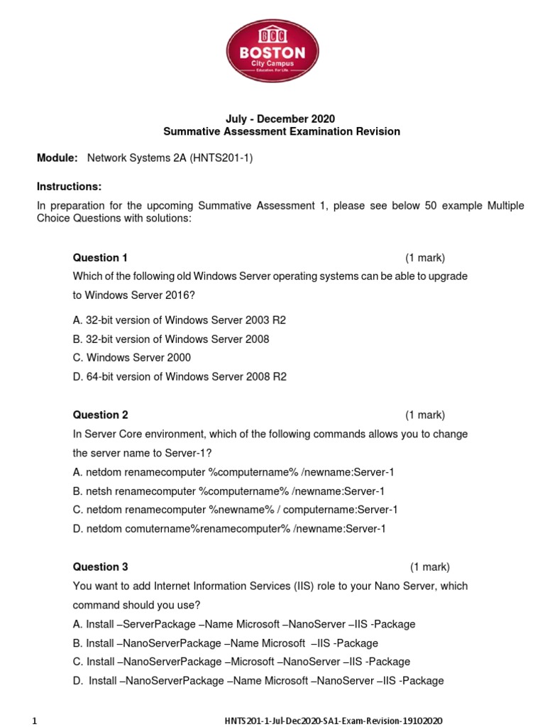 HNTS201 1 Jan Jun2020 SA1 Exam Revision 19102020 | PDF | Computer Cluster | Hyper V