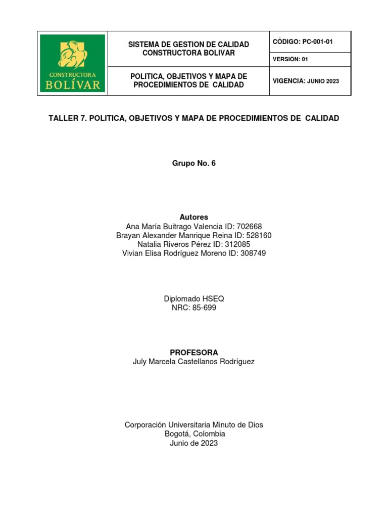 Taller 7 Politica, Objetivos y Mapa de Procedimientos de Calidad | PDF | Calidad (comercial ...