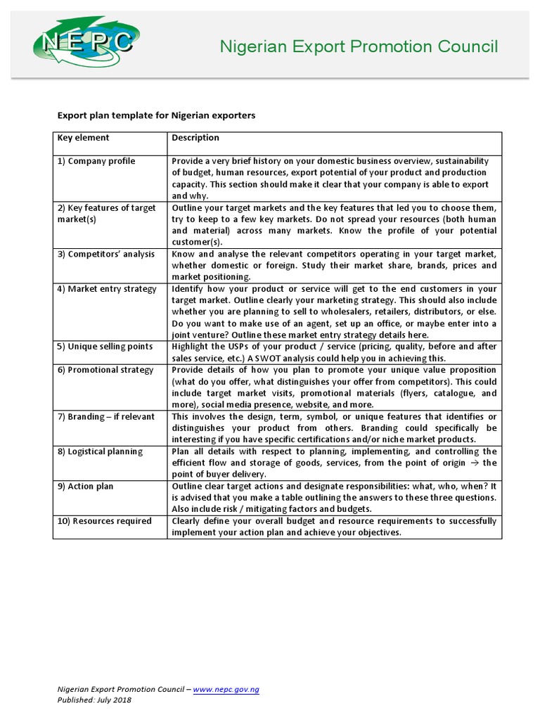 Export Plan Template NEPC | PDF | Market (Economics) | Brand
