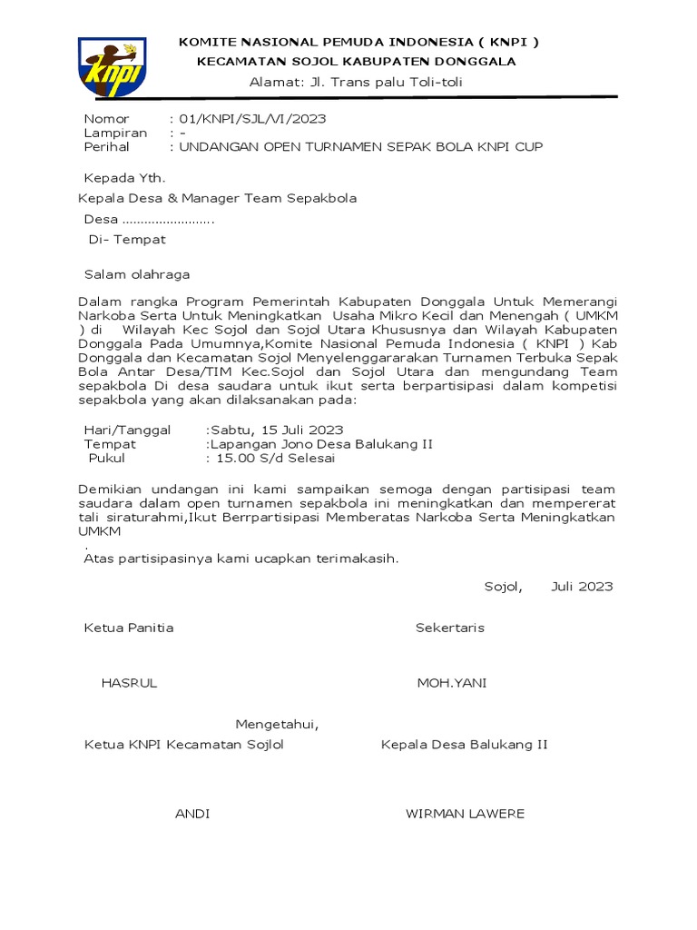 Undangan Turnamen Sepak Bola KNPI 2023 | PDF | Gaya Hidup