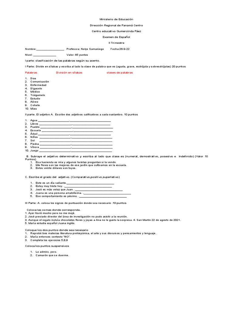 Examen de Español II Trimestre-1 | PDF | Adjetivo | Lingüística