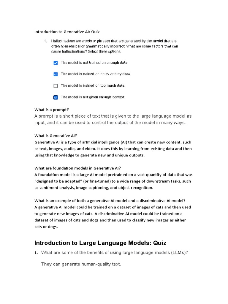 Answer For Introduction To Generative AI Quiz | PDF | Artificial Intelligence | Intelligence (AI ...