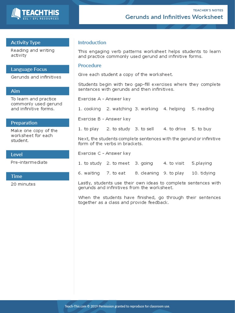 Gerunds and Infinitives Worksheet | PDF | English As A Second Or ...