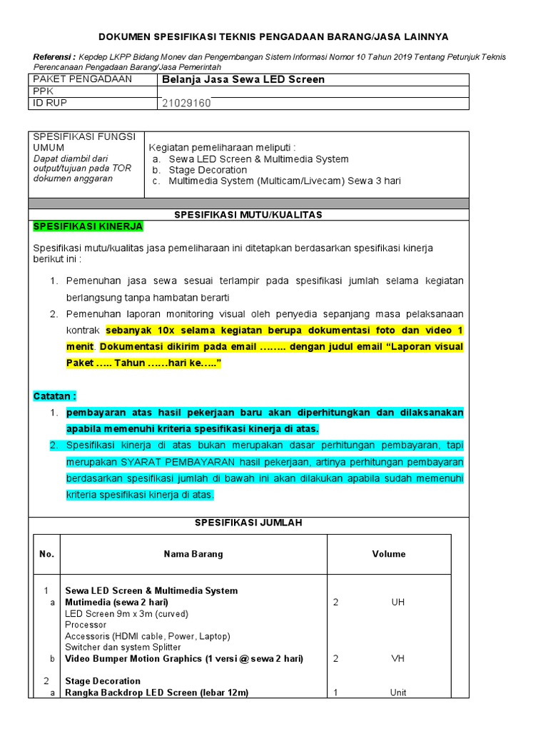 Contoh SPESIFIKASI TEKNIS Pemeliharaan Pengadaan Langsung | PDF