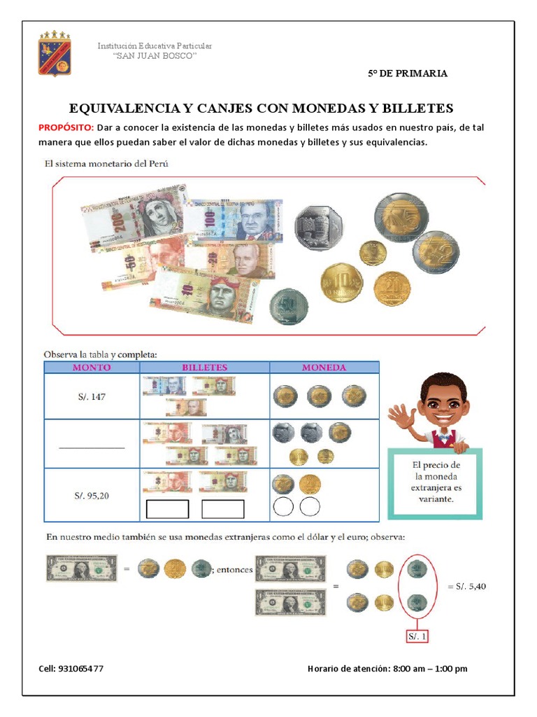 Equivalencias y Canjes de Monedas 5° Primaria | PDF
